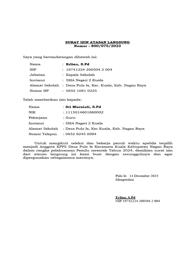 Contoh Surat Izin Atasan Langsung Bagi PNS | PDF