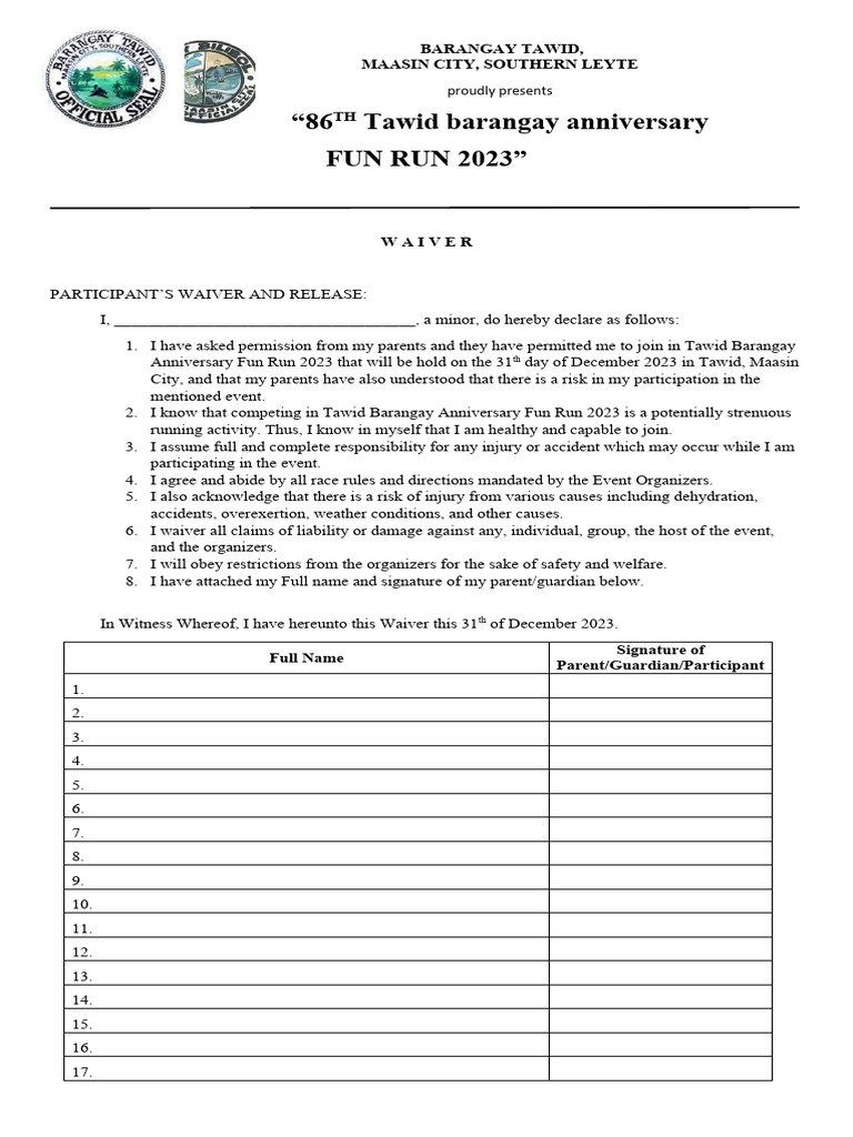 Tawid Fun Run 2023 Waiver Form | PDF