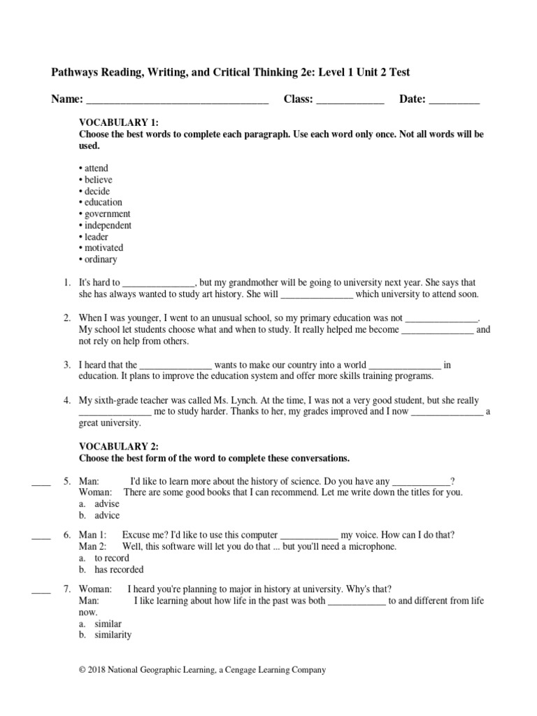 Pathways Rw1 2e U2 Test | PDF | Grit (Personality Trait) | Cognition