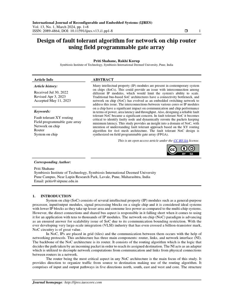 Design of Fault Tolerant Algorithm For Network On Chip Router Using Field Programmable Gate ...