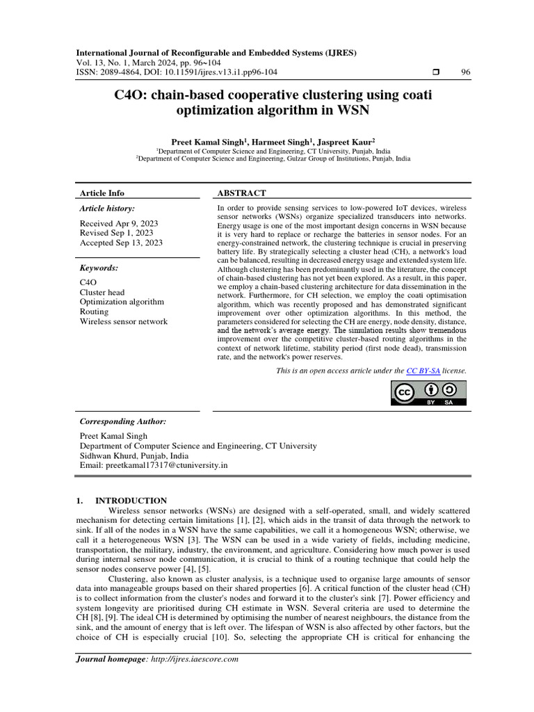 C4o Chain Based Cooperative Clustering Using Coati Optimization Algorithm In Wsn Pdf