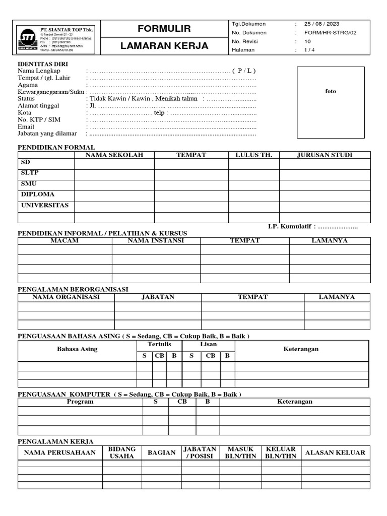 Formulir Lamaran Kerja - 2023 - PT Siantar Top, TBK | PDF Formulir Lamaran Kerja - 2023 - PT Siantar Top, TBK | PDF