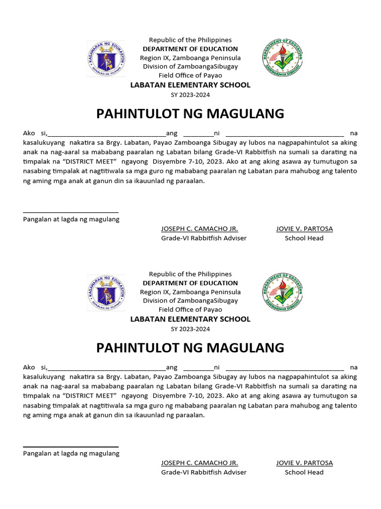Pahintulot NG Magulang | PDF