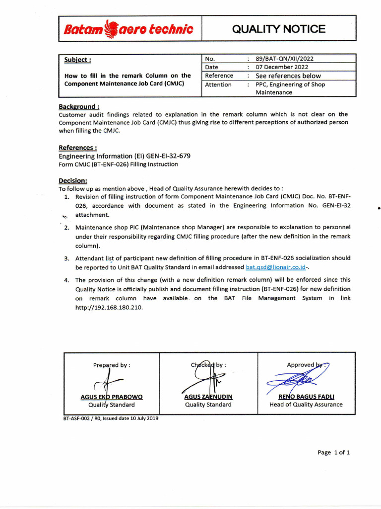 QN # 089 How To Fill in The Remark Column On The Component Maintenance ...