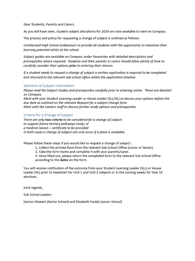Subject Change Application Process 2024 | PDF