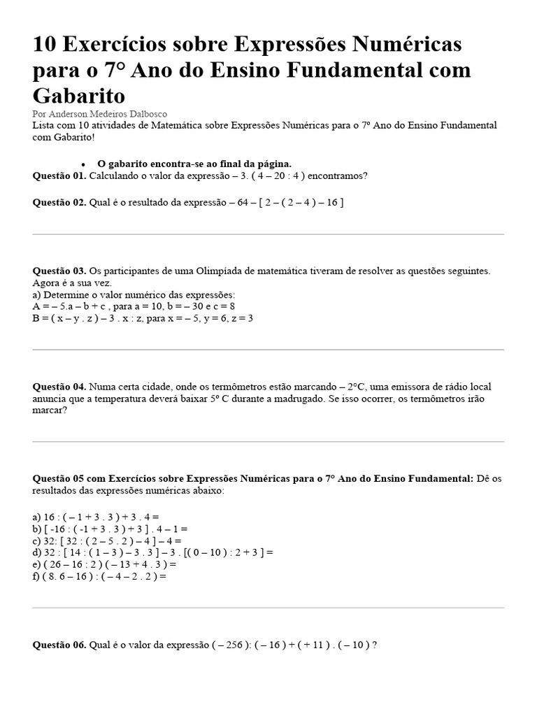 10 Exercícios Sobre Expressões Numéricas para o 7 | PDF