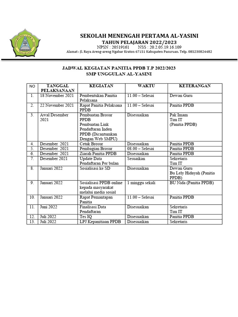 Jadwal Kegiatan Panitia PPDB | PDF
