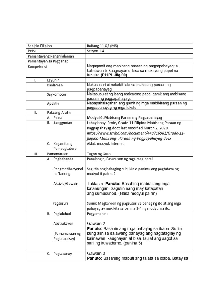 Pagbasa at Pagsusuri FILIPINO 11 Q3 W6 | PDF Pagbasa at Pagsusuri FILIPINO 11 Q3 W6 | PDF