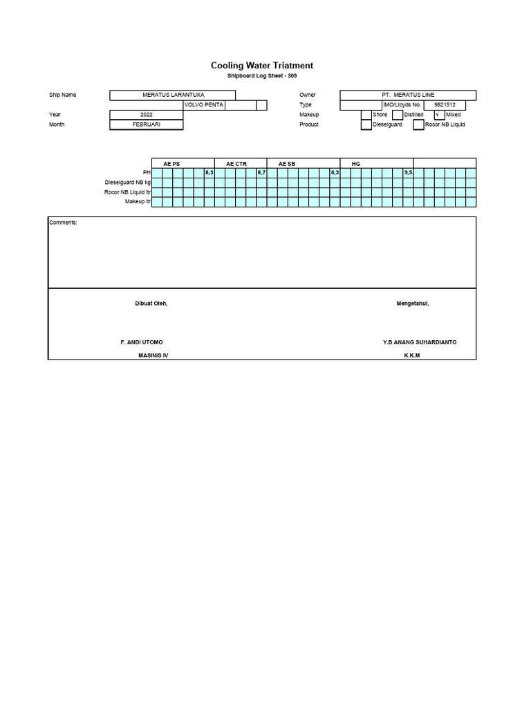 Shipboard Cooling Water Treatment Log | PDF | Microsoft Excel ...