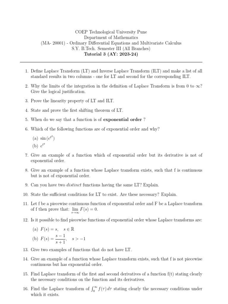 Tutorial 3 | PDF | Laplace Transform | Exponential Function