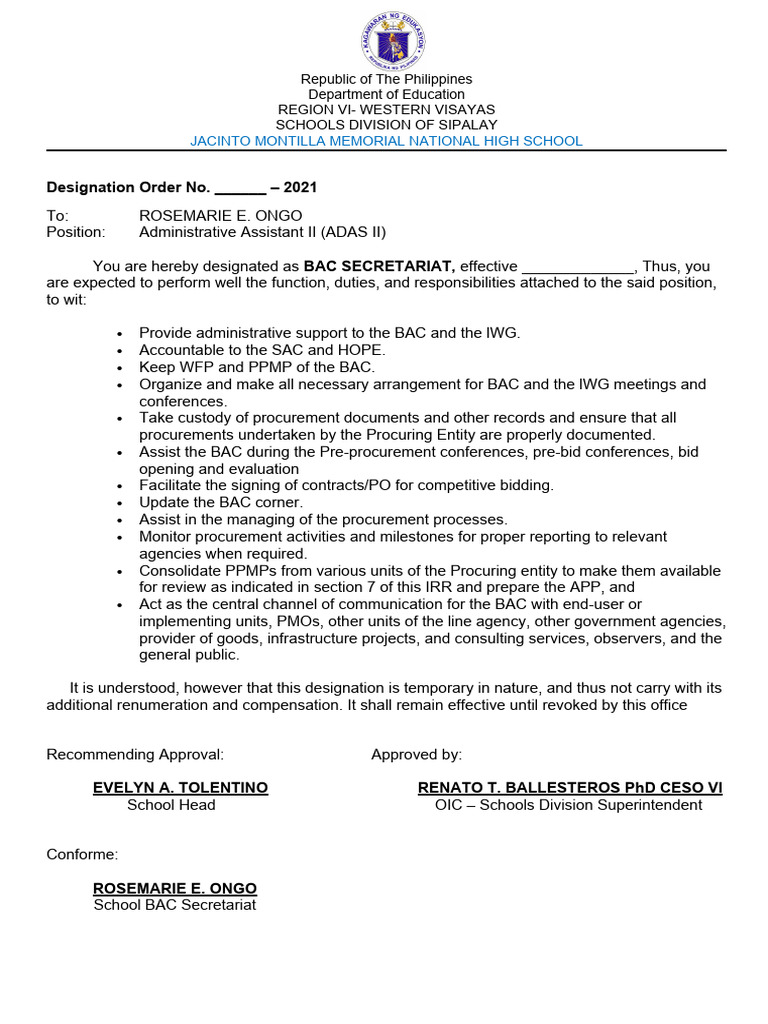 2021 Designation BAC Secretariat | PDF | Procurement | Government