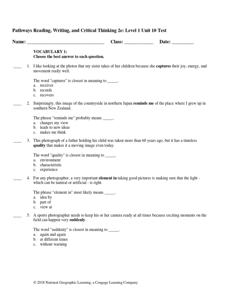 Pathways Rw1 2e U10 Test | PDF | Photograph