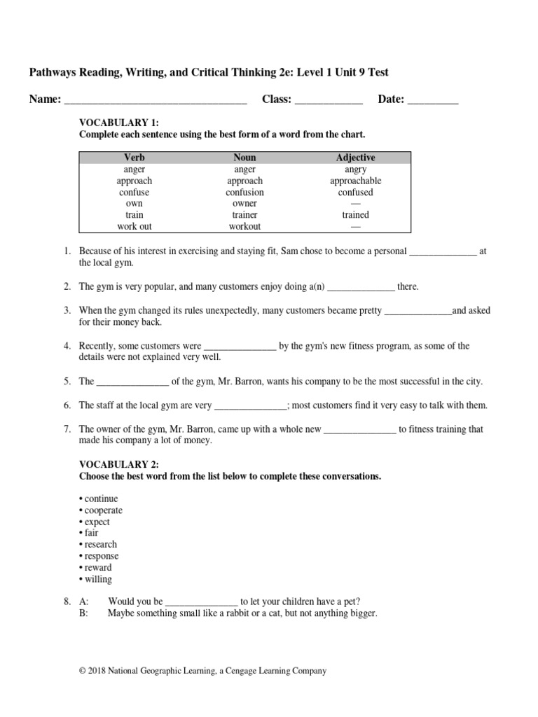 Pathways Rw1 2e u9 Test | PDF | Cognitive Science