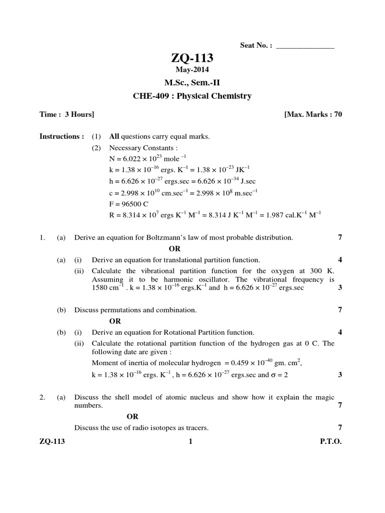 CHE-409 Physical Chemistry | PDF | Molecules | Molecular Mass