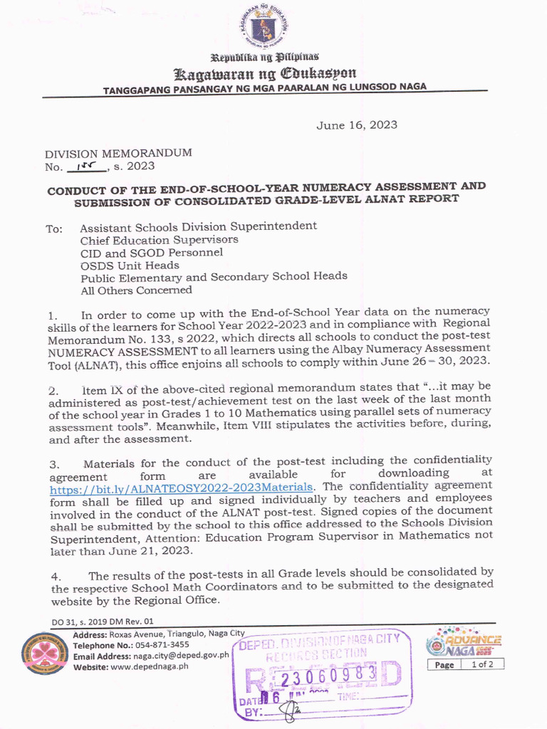 DM No. 155, S. 2023 Conduct of The End-Of-School-Year Numeracy ...