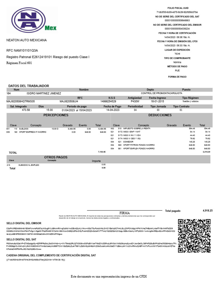 Neaton Auto Mexicana RFC NAM101101Q3A Registro Patronal E2612419101 ...