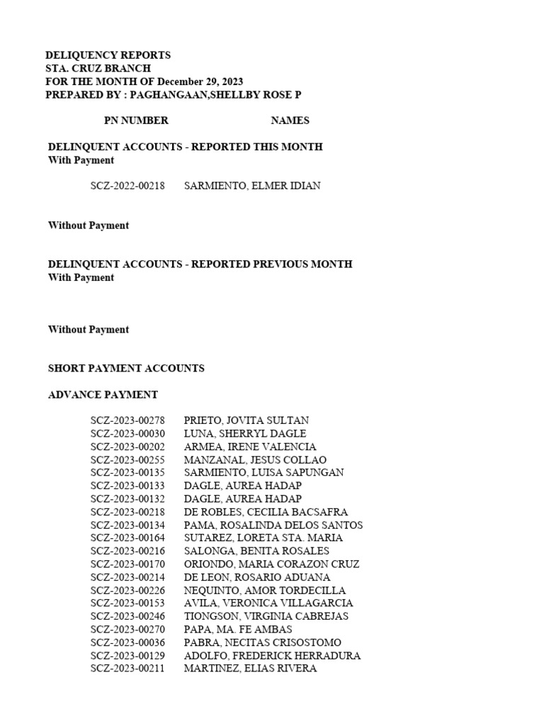 December 2023 Delinquency Report SCZ | PDF | Financial Services ...