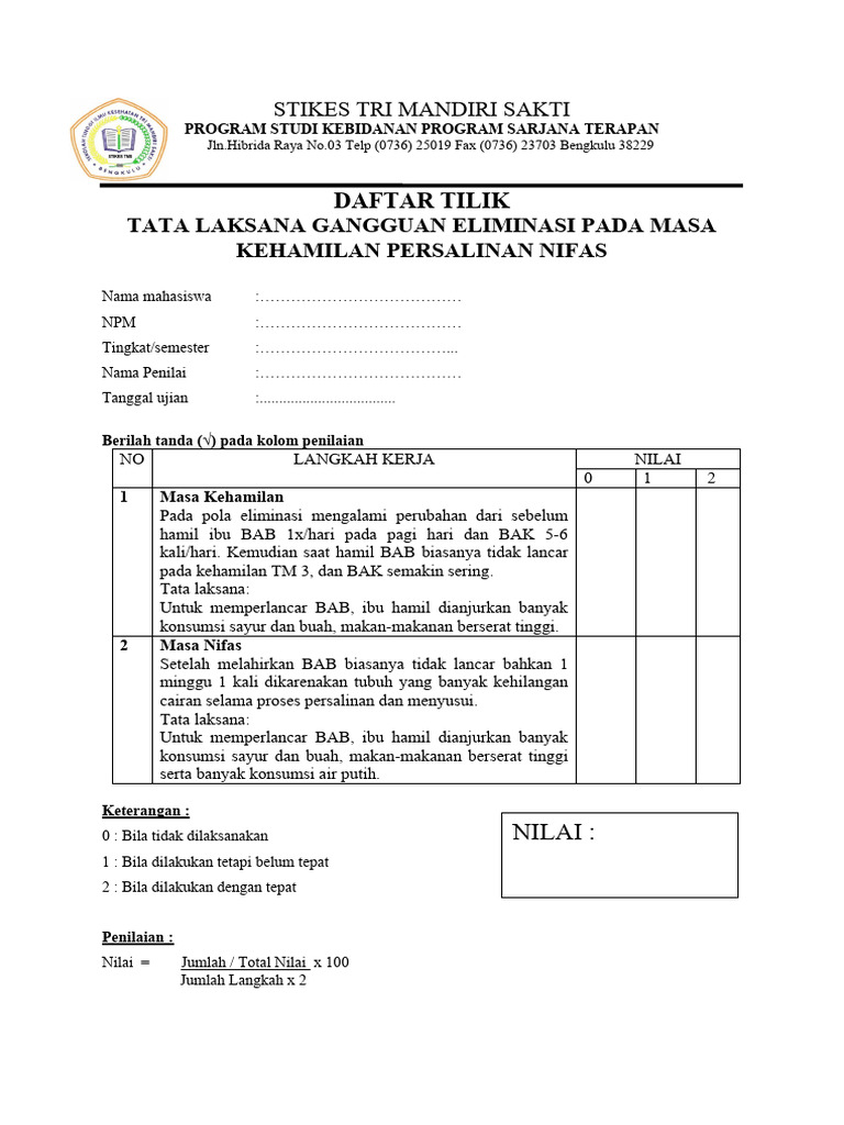 Daftar Tilik Tata Laksana Gangguan Eliminasi Pada Masa Kehamilan Persalinan Nifas | PDF ...