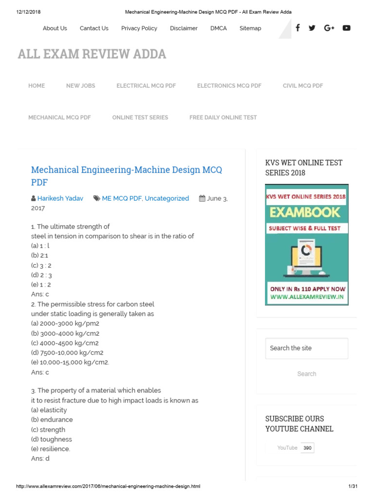 Mechanical Engineering-Machine Design MCQ PDF - All Exam Review Adda | PDF Mechanical Engineering-Machine Design MCQ PDF - All Exam Review Adda | PDF