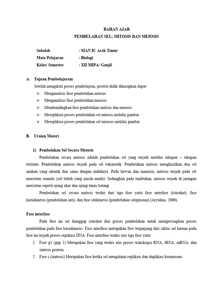 Bahan Ajar Pembelahan Sel | PDF