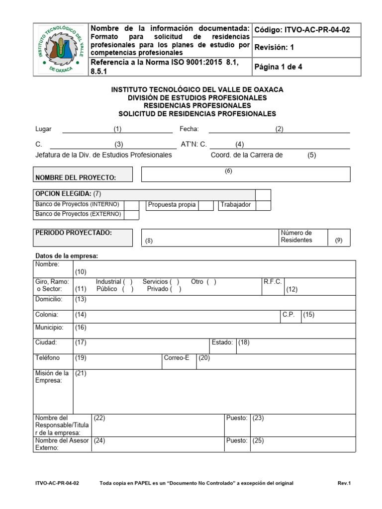 Itvo-Ac-Pr-04-02 - Formato Solicitud Residencias | PDF
