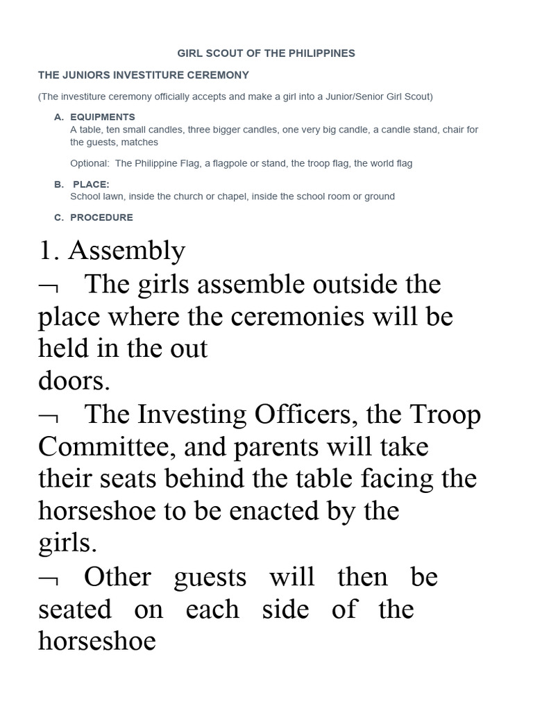 GIRL SCOUT OF THE PHILIPPINES Investiture Ceremony | PDF | Scouting | Flag