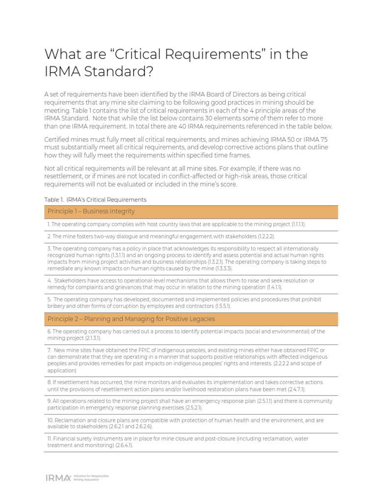IRMA Critical Mining Standards | PDF | Mining | Risk