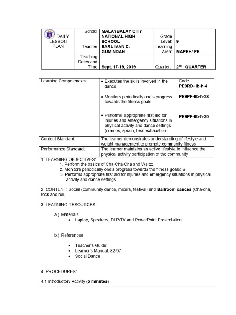 DAILY LESSON PLAN Cha Cha Cha and Waltz | PDF | Learning | Cognition