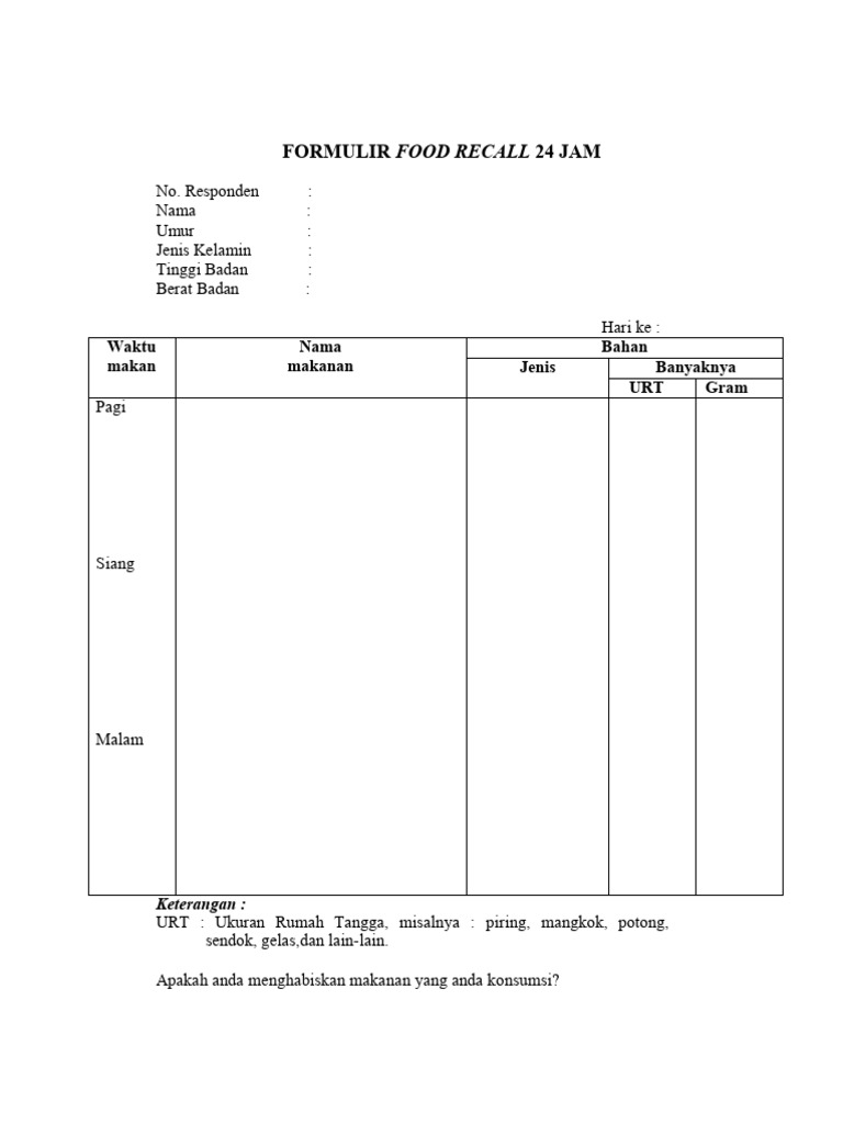 Formulir Food Recall dan Aktivitas Fisik | PDF