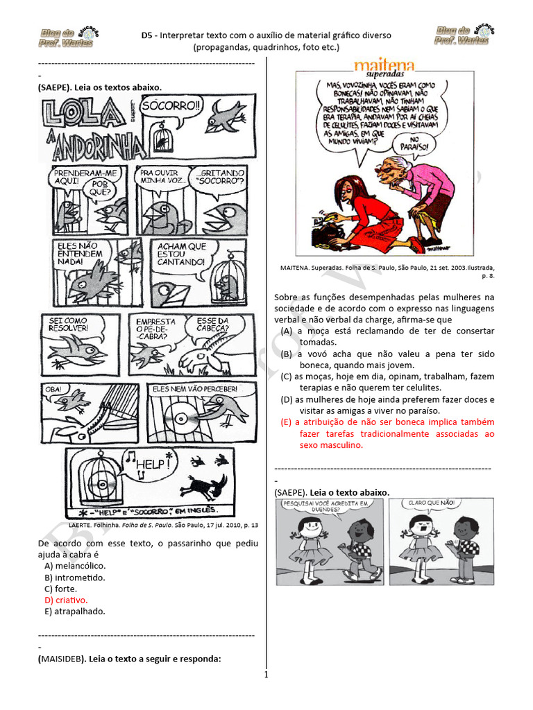 D5 (3 Série - Ens. Médio - L.P - BLOG Do Prof. Warles) | PDF | Gatos ...