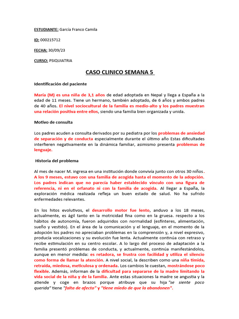 Caso Clinico Sem 5 | Descargar gratis PDF | Teoría de apego | Ansiedad