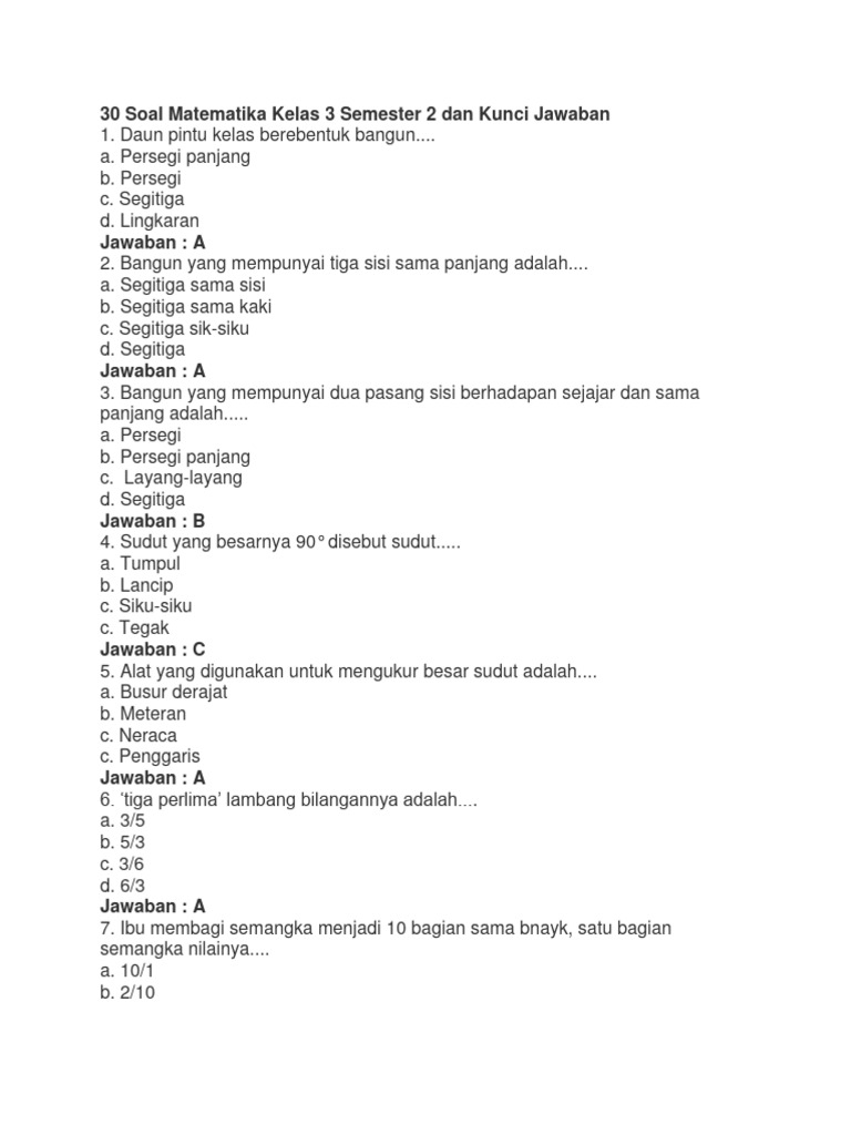 30 Soal Matematika Kelas 3 Semester 2 Dan Kunci Jawaban | PDF | Seni & Disiplin Bahasa | Metode ...