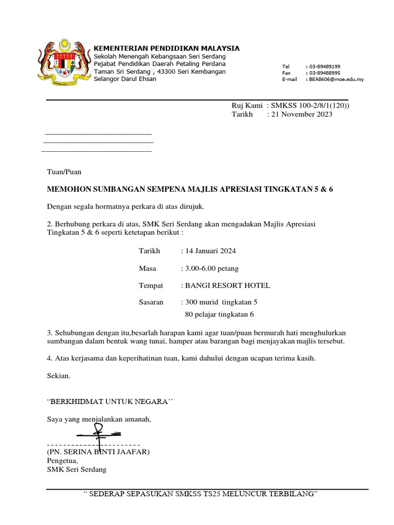 Surat Mohon Sumbangan Majlis Apresiasi 2023 | PDF