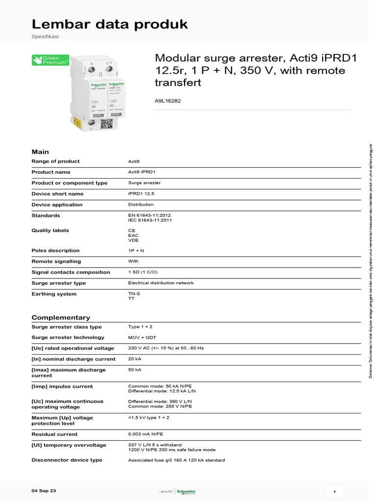 Acti9 iPRD1 Surge Arrester Specs | PDF | Electric Power | Physical Quantities