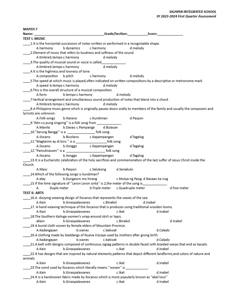 Mapeh 7 1st Quarter Exam Matatag Curriculum Lesson Plans