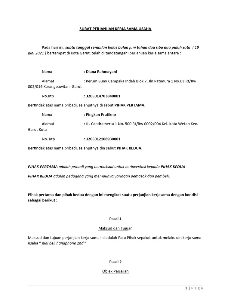 Surat Perjanjian Kerja Sama Usaha | PDF