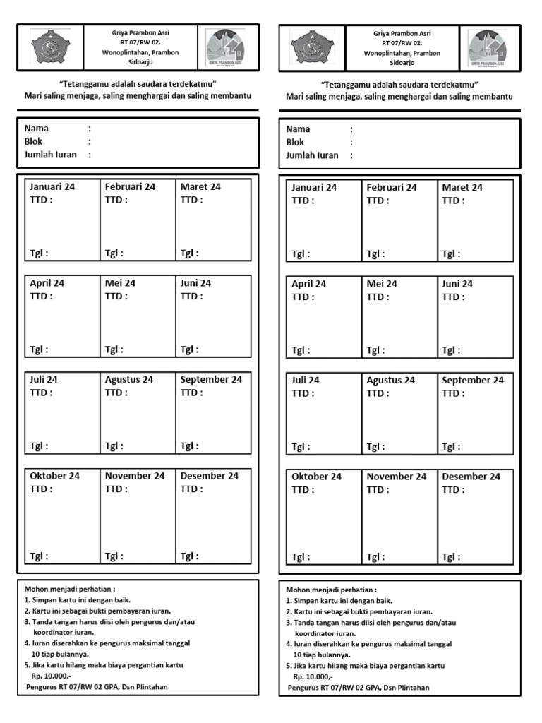 Master Kartu Iuran RT GPA 2024 | PDF