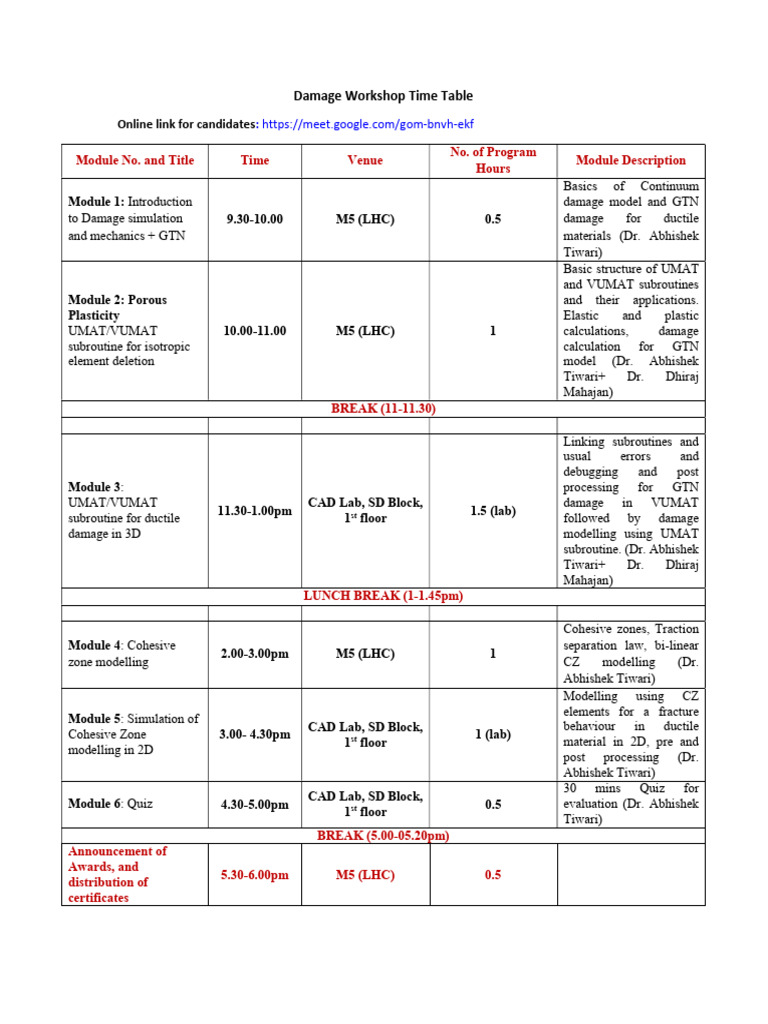 Damage Workshop TimeTable2 | PDF | Continuum Mechanics | Building ...