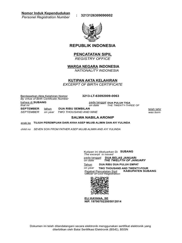 Akta Kelahiran Salwa | PDF