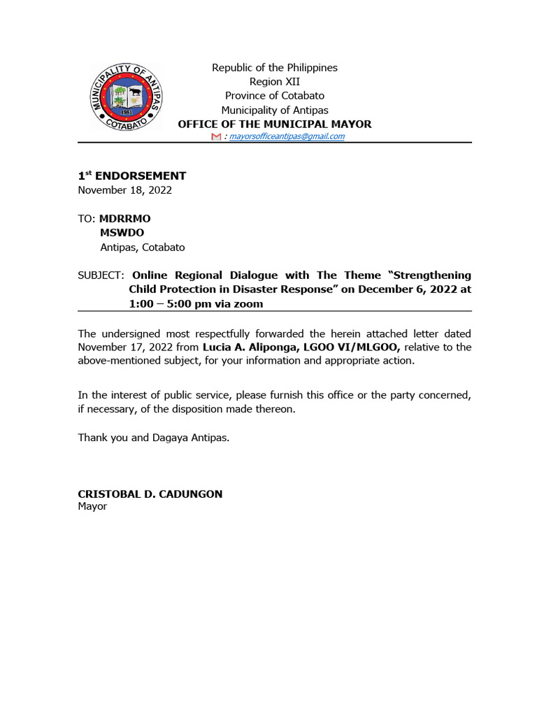 Endorsement Letter - MDRRMO and MSWDO | PDF