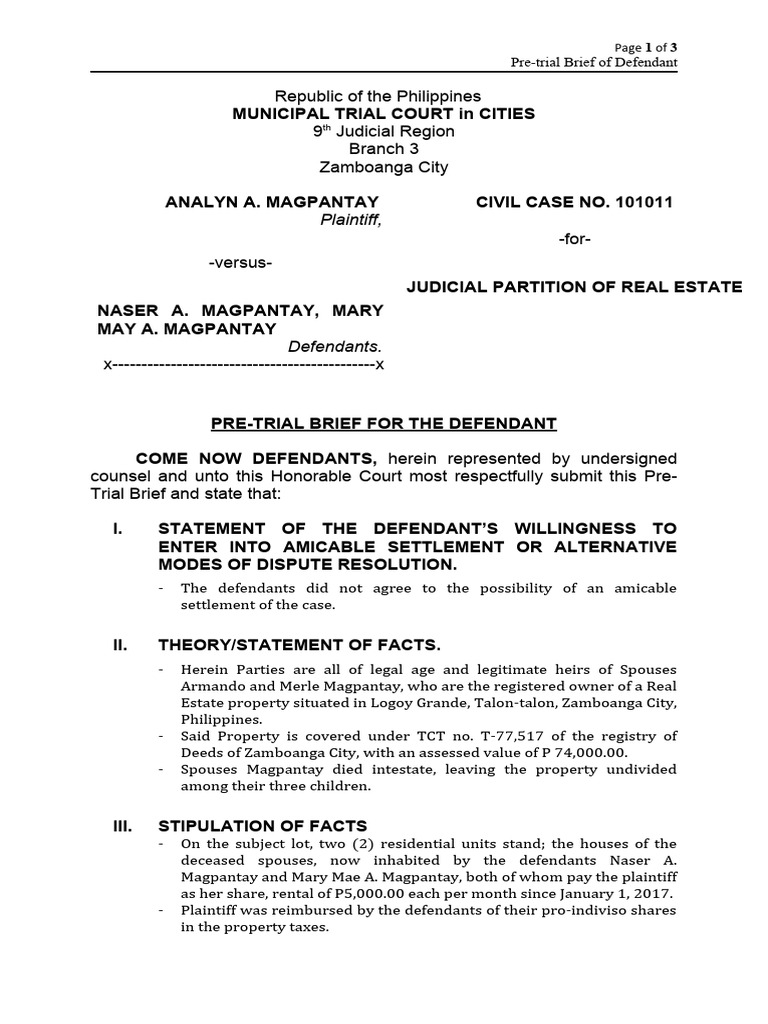 Pre Trial Brief Defendant | PDF | Law