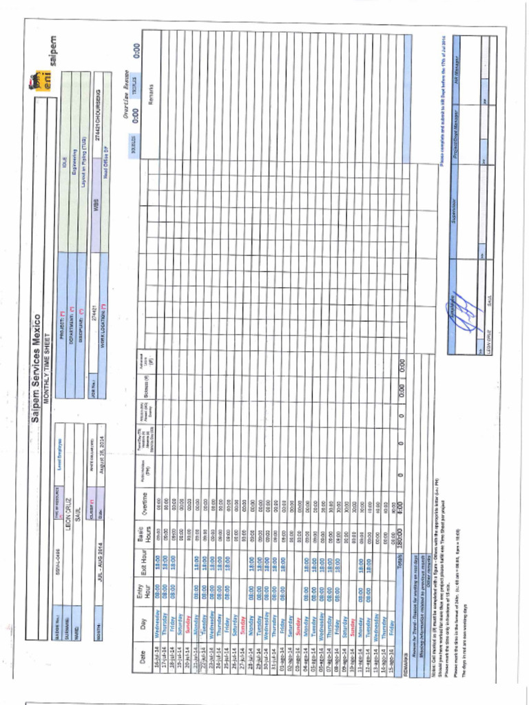 SSM Monthly Time Sheet - Jul-Ago 2014 - SLC | PDF