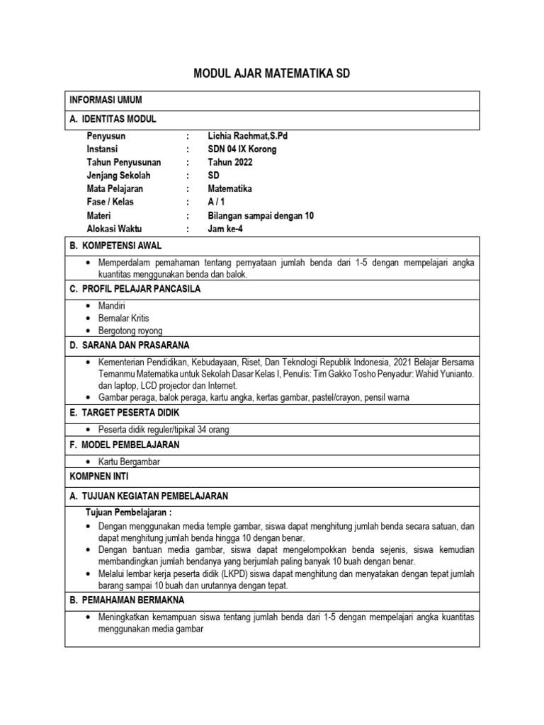 Modul Ajar Matematika SD Kelas 1 | PDF | Kesehatan Holistik