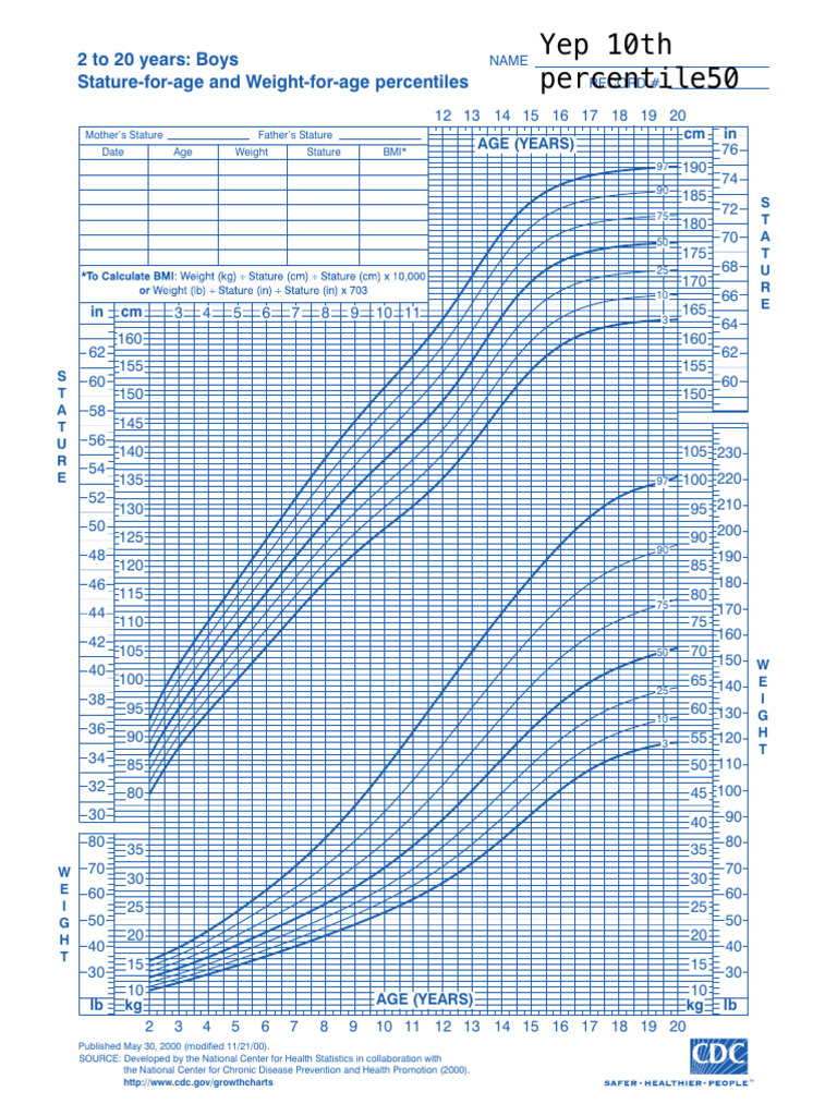 Main - CDC Boys Growth Chart 2 To 20 Years Stature For Age and Weight For Age Percentiles 3rd ...