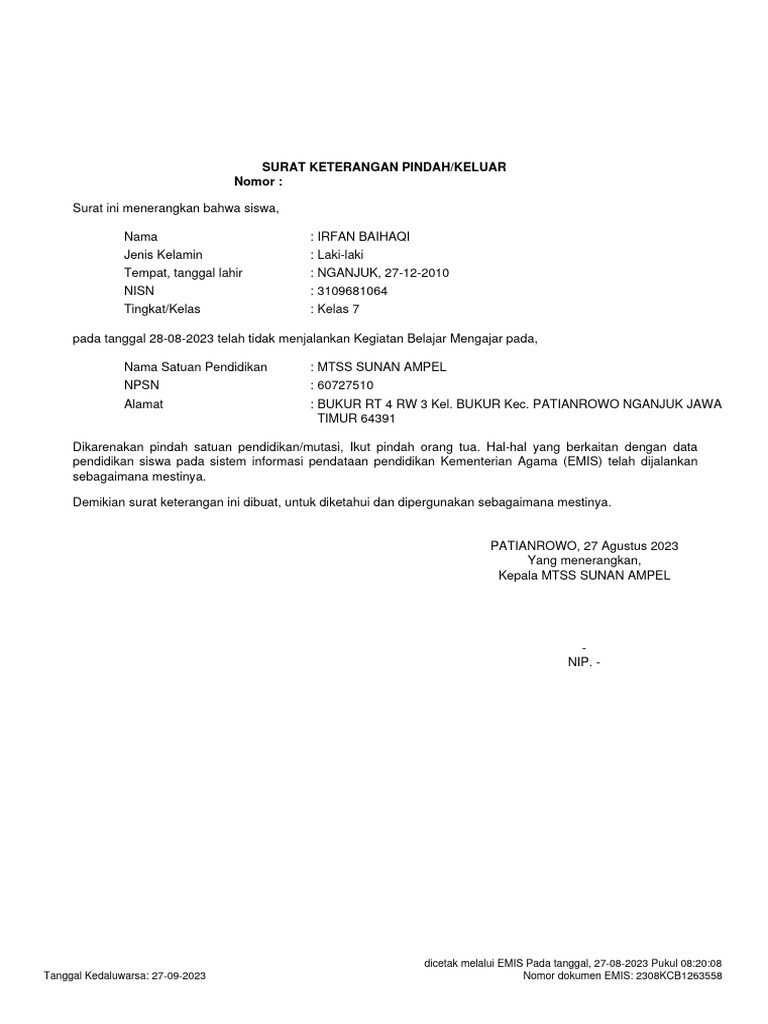Mutasi Keluar - Surat Keterangan - IRFAN BAIHAQI | PDF Mutasi Keluar - Surat Keterangan - IRFAN BAIHAQI | PDF