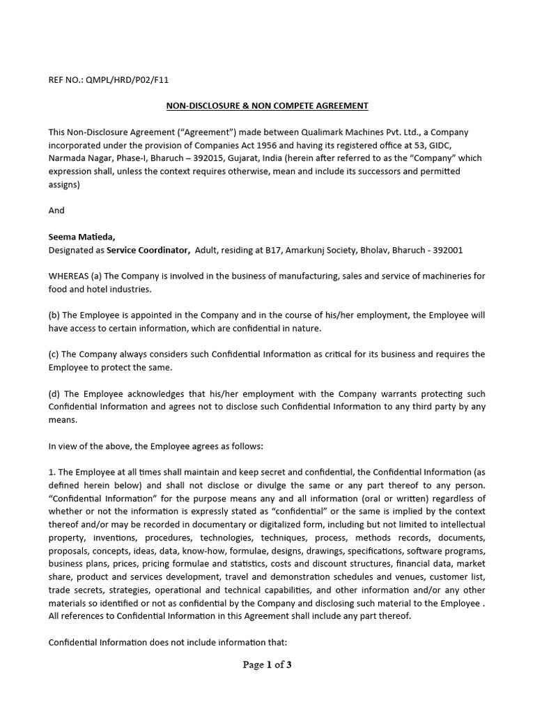 Non-Disclosure & Non Compete Agreement: Page 1 of 3 | PDF | Non ...