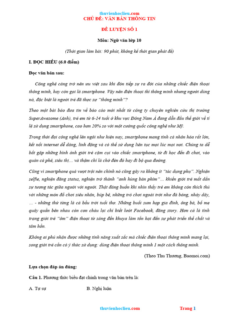 Bo de Luyen Doc Hieu Viet Van 10 Phan Van Ban Thong Tin Co Dap An | PDF