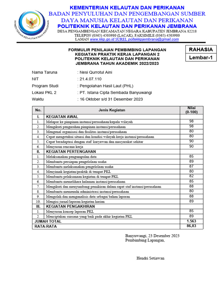 Formulir Penilaian Pembimbing Eksternal & Supervisi - Nesi Qurrotul ...