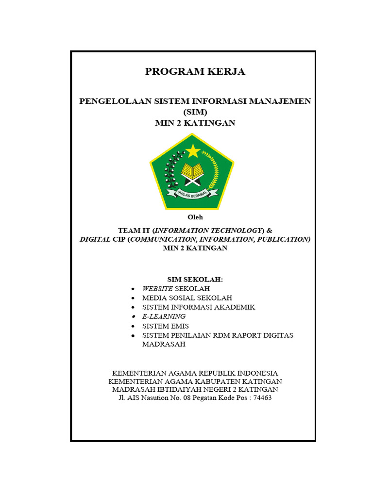 Program Kerja Pengelola SIM Sekolah (Tim IT CIP) - SIM Sekolah MIN 2 Katingan | PDF