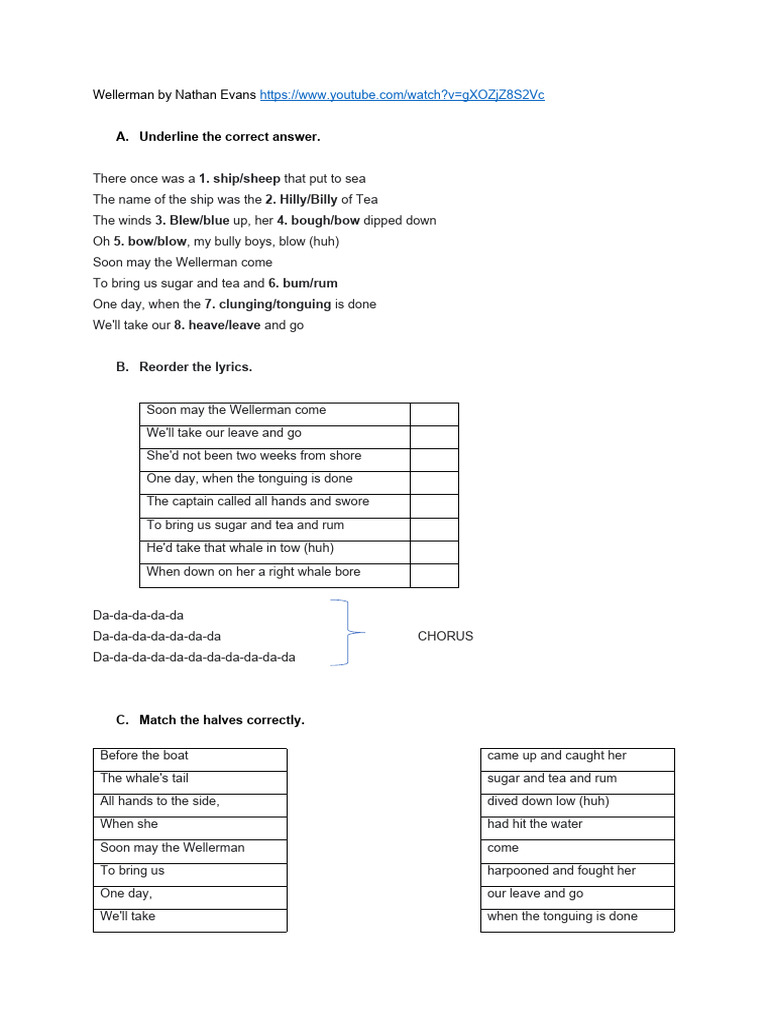Wellerman Lyrics and Activities | PDF | Water Transport | Ships